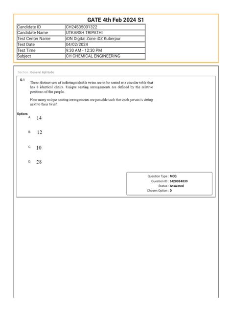 Gate 2024 Ch Responce Sheet Pdf Multiple Choice Standardized Tests