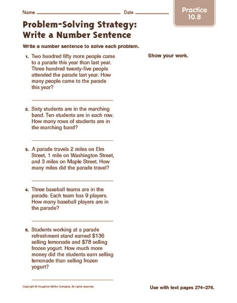 Problem Solving Strategy Write A Number Sentence Practice Worksheet For 4th 5th Grade