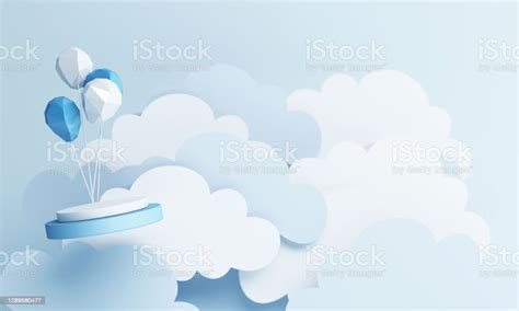 파란색 파스텔 하늘 배경 3d 렌더링공기 풍선 종이 아트 스타일과 제품 스탠드 종이접기에 대한 스톡 사진 및 기타 이미지 종이접기 풍선 0명 Istock
