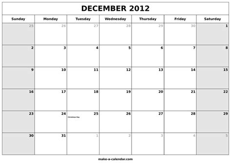 December 2012 Calendar — Printable Pdf With Holidays