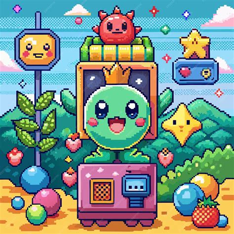 Pixelated Cartoon Character With A Crown Standing On A Machine Surrounded By Stars Hearts And