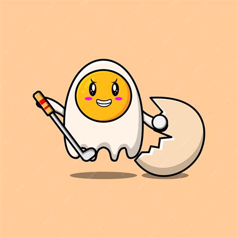 개념 평면 만화 스타일 그림에서 골프를 치는 귀여운 만화 튀긴 계란 캐릭터 프리미엄 벡터