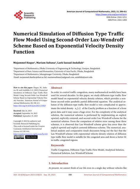 Pdf Numerical Simulation Of Diffusion Type Traffic Flow Model Using Second Order Lax Wendroff