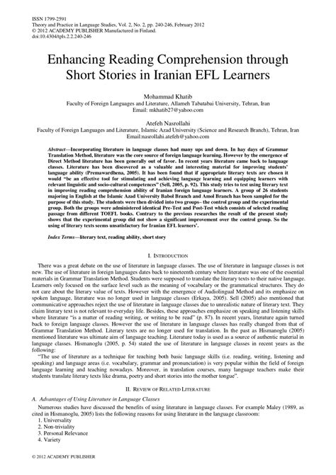 Pdf Enhancing Reading Comprehension Through Short Stories In Iranian Efl Learners