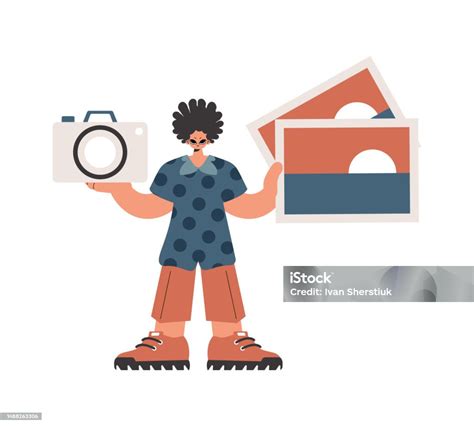 그 사람은 카메라와 사진을 손에 들고 있습니다 흰색 기초에 강요 트렌디한 스타일 벡터 일러스트레이션 가정의 방에 대한 스톡 벡터 아트 및 기타 이미지 Istock