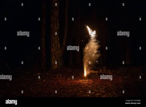 Exploding Fireworks On The Ground At Night Firework With Dark Night Background Sparkling Pyro