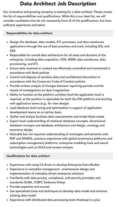 Data Architect Job Description Velvet Jobs
