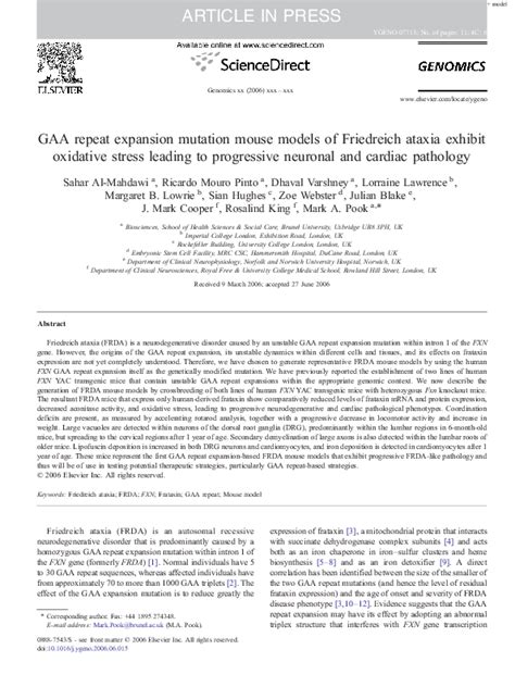 Pdf Gaa Repeat Expansion Mutation Mouse Models Of Friedreich Ataxia Exhibit Oxidative Stress