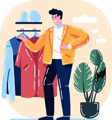 플랫 스타일의 옷장을 가진 손으로 그린 웃는 남자 프리미엄 벡터