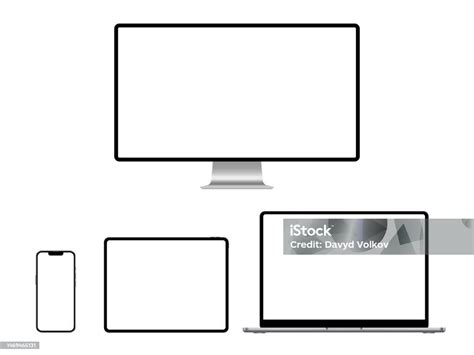 빈 화면으로 설정된 현실적인 장치 전화 태블릿 노트북 및 Pc 모형 스톡 벡터 일러스트 레이 션 컴퓨터 모니터에 대한 스톡 벡터 아트 및 기타 이미지 Istock