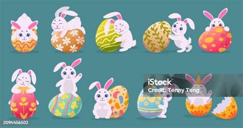 색깔의 달걀을 가진 부활절 토끼 만화 전통적인 부활절 요소 귀여운 토끼 들고 초콜릿 달걀 플랫 벡터 일러스트 레이 션 세트 휴일 부활절 토끼 컬렉션 0명에 대한 스톡 벡터