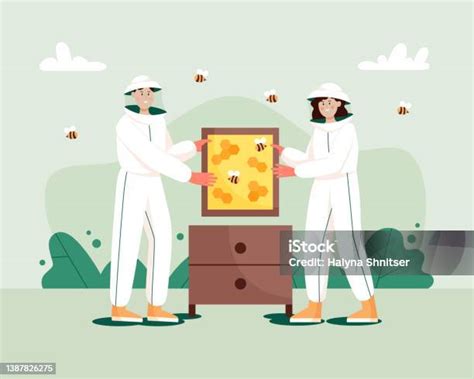 모자와 벌집 프레임과 벌집 보호 유니폼을 입은 남자와 여자 유니폼을 입은 양봉 노동자 양봉가에 대한 스톡 벡터 아트 및 기타