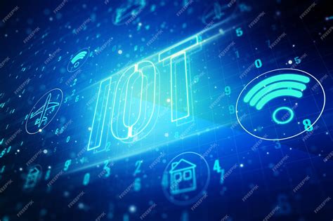 Premium Photo Glowing Iot Symbol On Dark Blue Background 3d Rendering