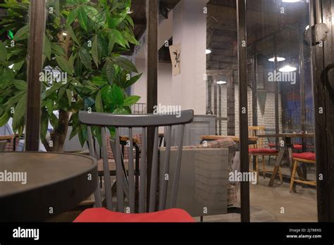 Inside The Ancient Style Cafe Wooden Made Chairs And Tables Inside The