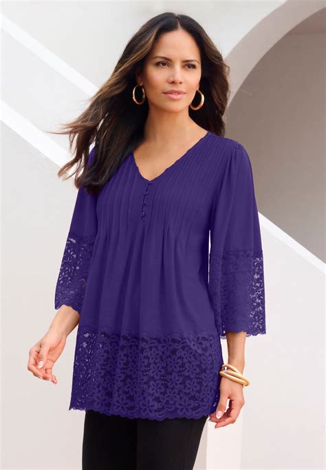 Roamans Womens Plus Size Lace Hem Pintuck Tunic