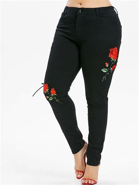 Applique Lace Up Women Mid Waist Jeans Woman Plus Large Size Denim