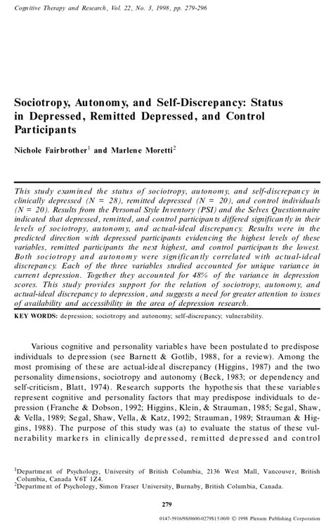 Pdf Sociotropy Autonomy And Self Discrepancy Status In Depressed Remitted Depressed And
