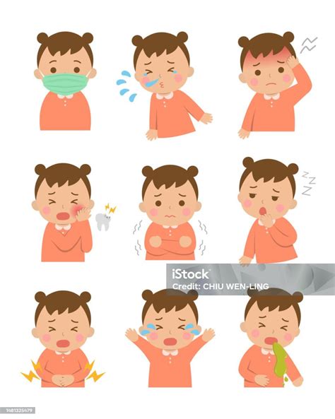 귀여운 어린이 질병이나 통증 또는 바이러스 감염 세트 구토 또는 감기 또는 감기 또는 발열 만화 스타일의 벡터 일러스트 레이 션 구역에 대한 스톡 벡터 아트 및 기타 이미지