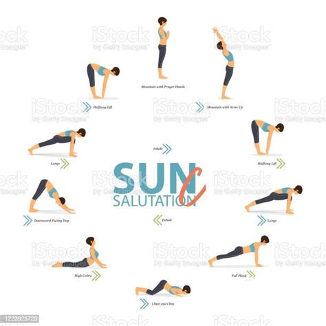 평평한 디자인의 요가 태양 인사 C의 개념에 집에서 요가 포즈 6 요가의 인포 그래픽 여자는 몸 스트레칭운동을하고있습니다 요가 자세 또는 아사나 인포 그래픽의 집합입니다