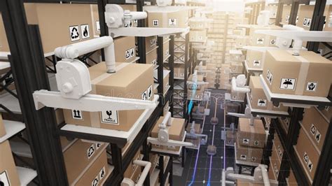 Large Warehouses Use Robotic Arms And Delivery Robots To Pick Up The Goods Using Automation In