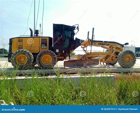 Motor Grader On Road Construction Orange Bulldozer On Bridge Road