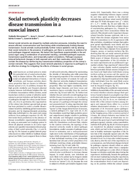 Pdf Social Network Plasticity Decreases Disease Transmission In A Eusocial Insect