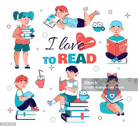 나는 읽는 것을 좋아한다 만화 아이들이 책을 읽는 어린이 교육 포스터 개체 그룹에 대한 스톡 벡터 아트 및 기타 이미지 개체 그룹 공부 교육 Istock
