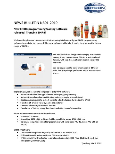 News Bulletin Nb01 2019 New Epirb Programming Coding Software Released Tronlink Epirb Pdf