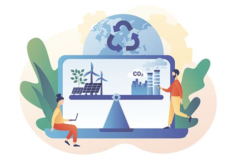 Co2 배출 감소 친환경적이고 공장에서 저울 순 제로 배출 및 이산화탄소 중립 균형 지속 가능성 개념 현대 평면 만화