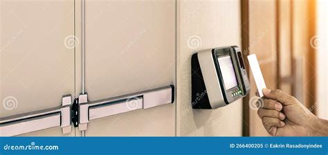 Proximity Card Reader Door Unlock Hand Security Man Using Id Card On Fingerprint Scanning