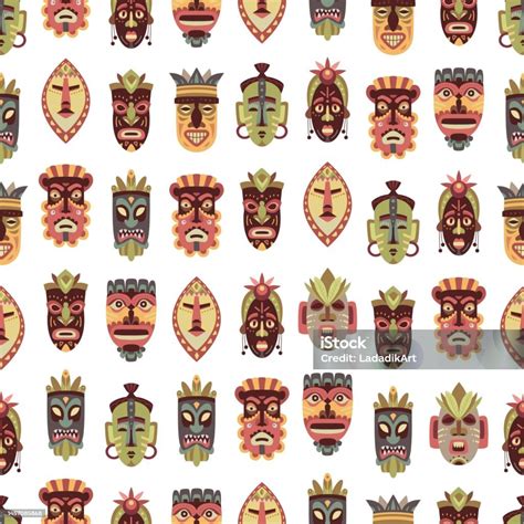 민족 아프리카 마스크 배경입니다 우드 마스크 티키 의식 예술 부족 하와이 얼굴 토템 다채로운 Boho 패브릭 인쇄 템플릿 고급 벡터 원활한 패턴 티키에 대한 스톡 벡터 아트