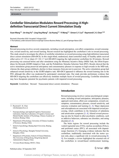 Cerebellar Stimulation Modulates Reward Processing A High Definition Transcranial Direct