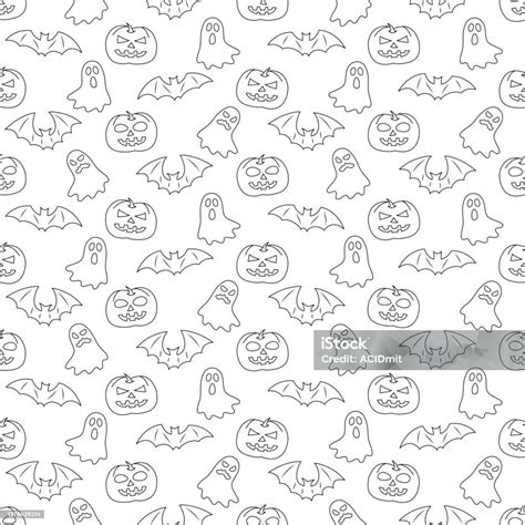 흰색 배경에 무서운 호박 얼굴 박쥐와 유령 할로윈 원활한 패턴 휴일 벡터 장식 일러스트는 쉽게 편집하고 사용자 정의 할 수 있습니다 Eps10 10월에 대한 스톡 벡터 아트