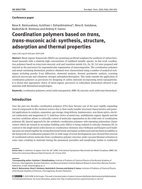 Pdf Coordination Polymers Based On Trans Trans Muconic Acid