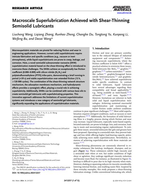 Macroscale Superlubrication Achieved With Shear‐thinning Semisolid Lubricants Request Pdf