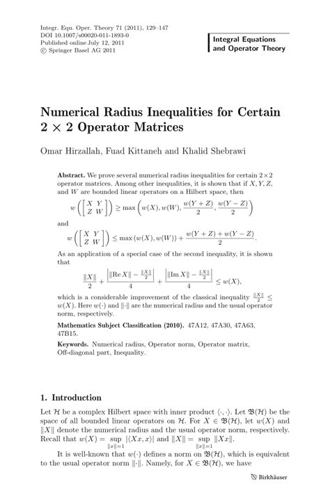 Pdf Numerical Radius Inequalities For Certain 2 × 2 Operator Matrices