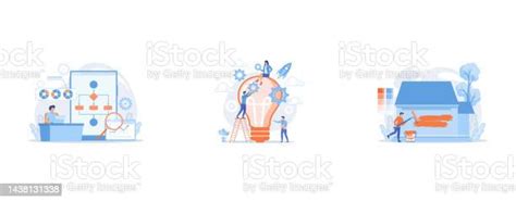 자동화 프로세스가 있는 노트북에서 일하는 분석가 아이디어를 생성하고 큰 전구에서 기어를 들고 있는 작은 사업가 건물 외관 개조 평면 벡터 현대 그림 설정 개념에 대한 스톡