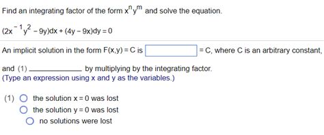 solved find an integrating factor of the form x y and solve