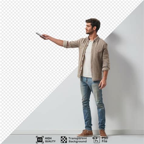 Potrait Cropped Photo Of A Man In Casual Clothes Directing His Gadget At The Door Sensor