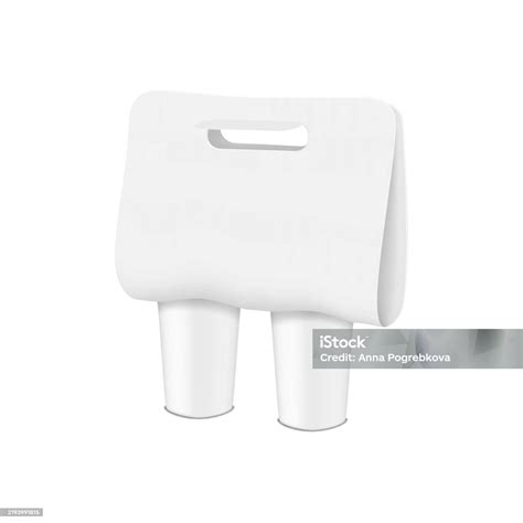 빈 백서 테이크 아웃 다이 컷 핸들이 있는 커피 컵 캐리어 3d 벡터 모형 접이식 판지 2 음료 홀더 사실적인 모형 디자인용 템플릿 3차원 형태에 대한 스톡 벡터 아트 및