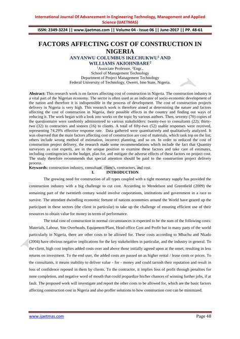 Pdf Factors Affecting Cost Of Construction In · Factors Affecting Cost Of Construction In