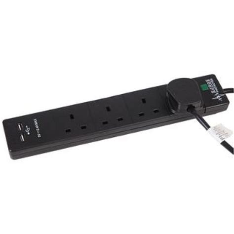 Black Surge Protected Gang Metre Extension Lead With Usb Ports