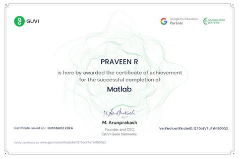 Praveen R On Linkedin Matlab Guvi Certificateofachievement