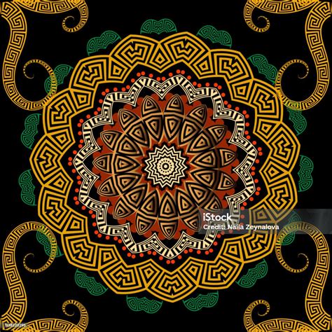 그리스어 화려한 벡터 원활한 만다라 패턴입니다 그리스 키 메 더 스 원형 장식 기하학적 모양 소용돌이 꽃 도트 장식 만다라