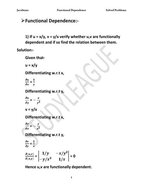 Jacobians Functional Dependence Solved Problems Pdf Differential Calculus Functions And