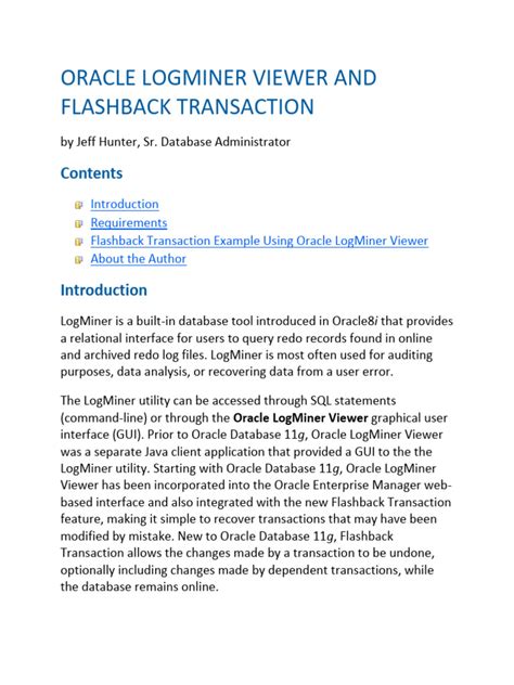 Oracle Logminer Viewer And Flashback Transaction Pdf Databases Database Transaction