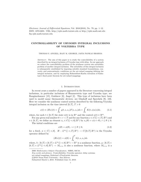 Pdf Controllability Of Urysohn Integral Inclusions Of Volterra Type