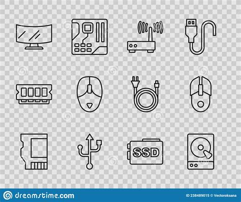 Set Line Sd Card Hard Disk Drive Hdd Router And Wi Fi Signal Usb Computer Monitor Screen