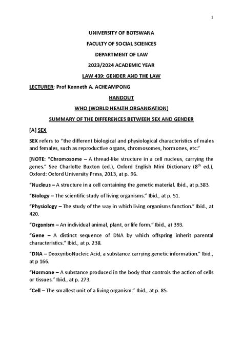 Law 439 Who Sex And Gender 1 University Of Botswana Faculty Of Social Sciences Department Of Law