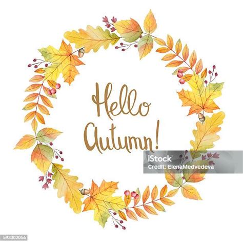 잎과 손 글자를 가진 안녕하세요 가을 수채화 라운드 프레임 0명에 대한 스톡 벡터 아트 및 기타 이미지 0명 가을 계절 Istock